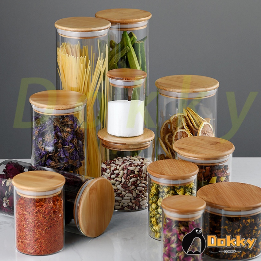Dokky Glass Jar Food Storage Container Wooden Cover Airtight Kitchen ...