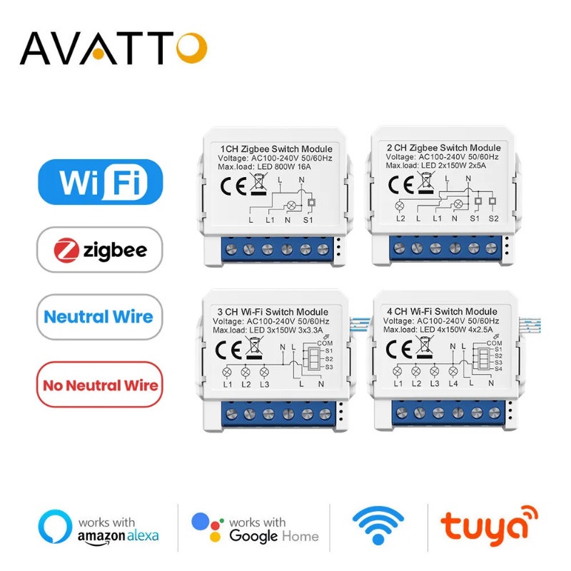 AVATTO Tuya WiFi Zigbee Smart Light Switch Module,No Neutral Wire 2 Ways Control Mini DIY ...