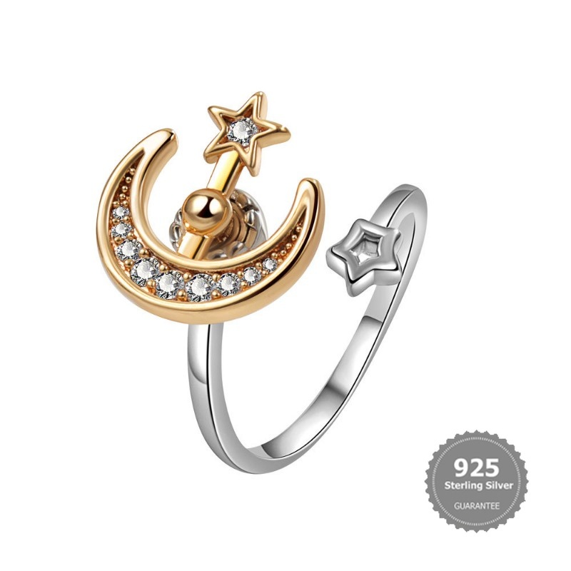 S925 Silver Fashion Star Moon Spinning Ring Anti-Anxiety Decompression ...