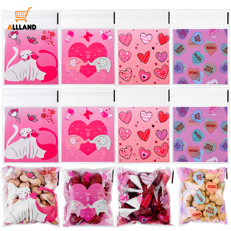 100 Pcs/ Set Valentine Love Heart Print Mini Plastic Candy Bag Portable ...
