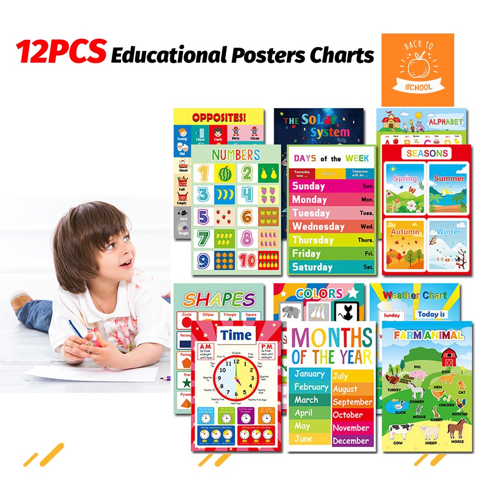 Geetoy 12Pcs A3 Poster Charts for Kids Kindergarten Alphabet Numbers ...