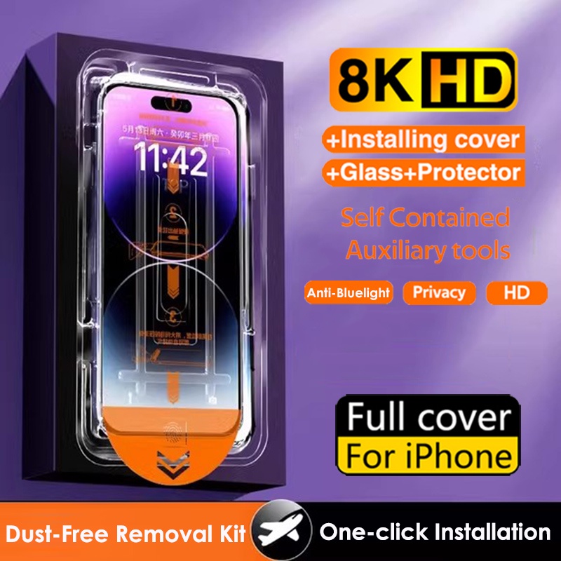Auto-Dust Removal Kit Full Cover Tempered Glass For iPhone 15 14 13 12 ...