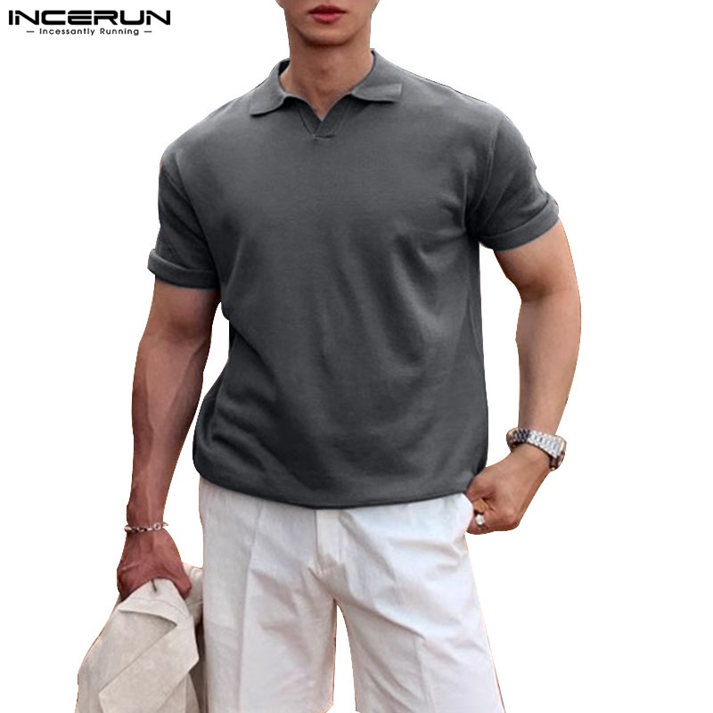 INCERUN Men's Knitted Solid Short Sleeve Casual Polo Top POLO Shirts ...