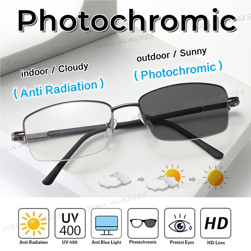 Photochromic Anti Radiation half frame Glasses For Women Men Transition ...