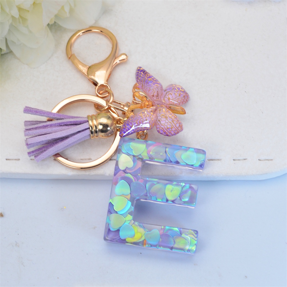 Purple Sequin Filled Name Keychain Butterfly Tassel 26 Alphabet ...