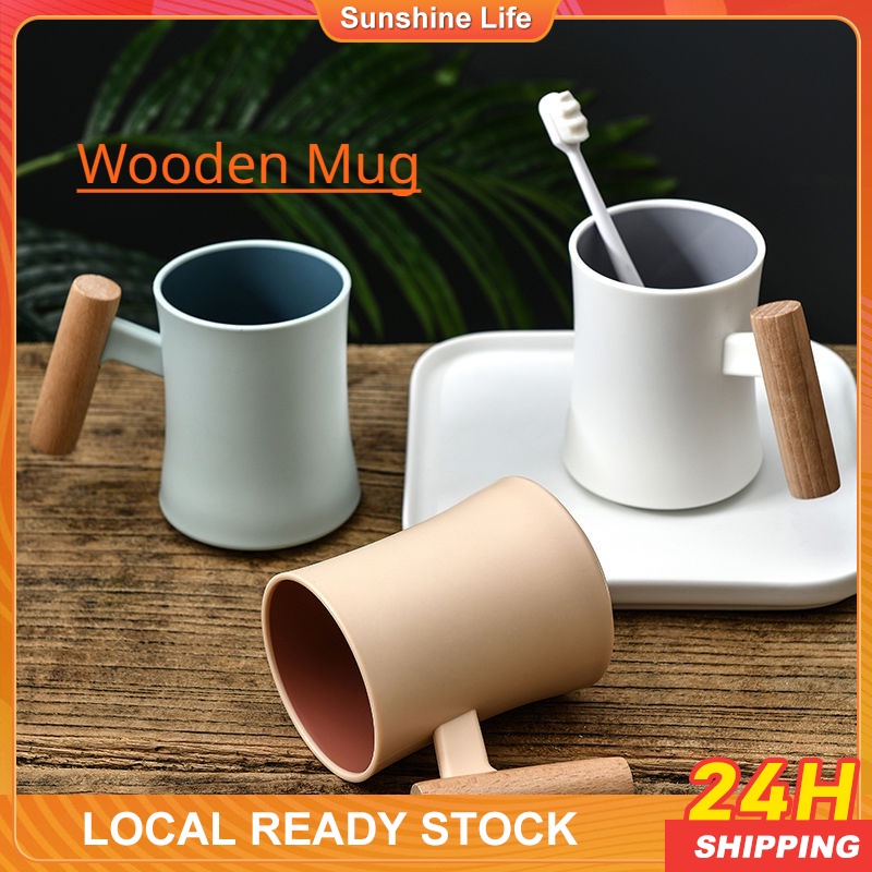 400ml Wooden Handle Round Mugs Water Mugs Drinking Coffee Tea Cups Tea ...