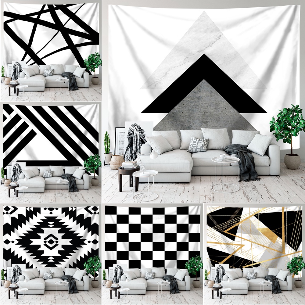 Black and White Simple Geometric Pattern Wall Tapestry with Clips ...