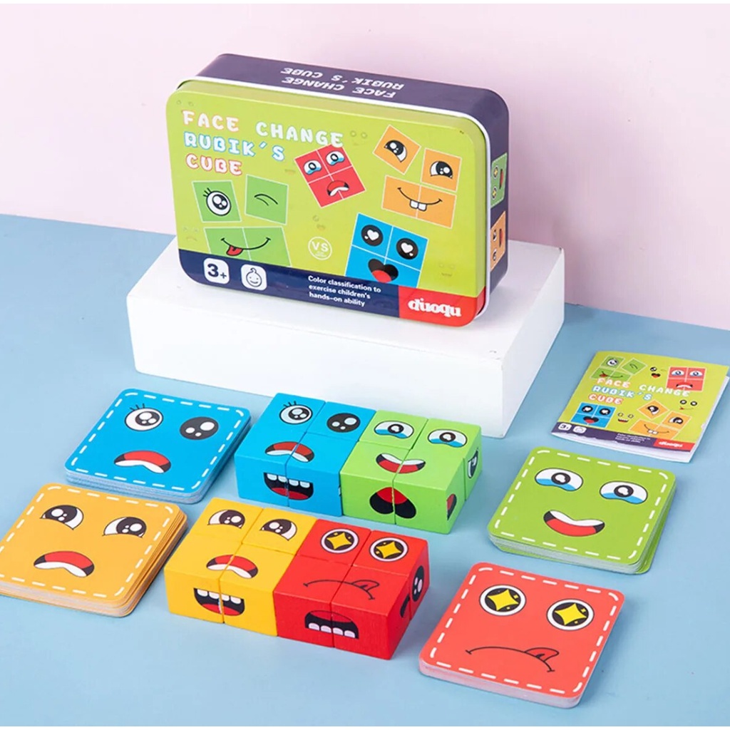 Montessori Wooden Changing Face Cube Kids Expression Block Puzzle Toy ...