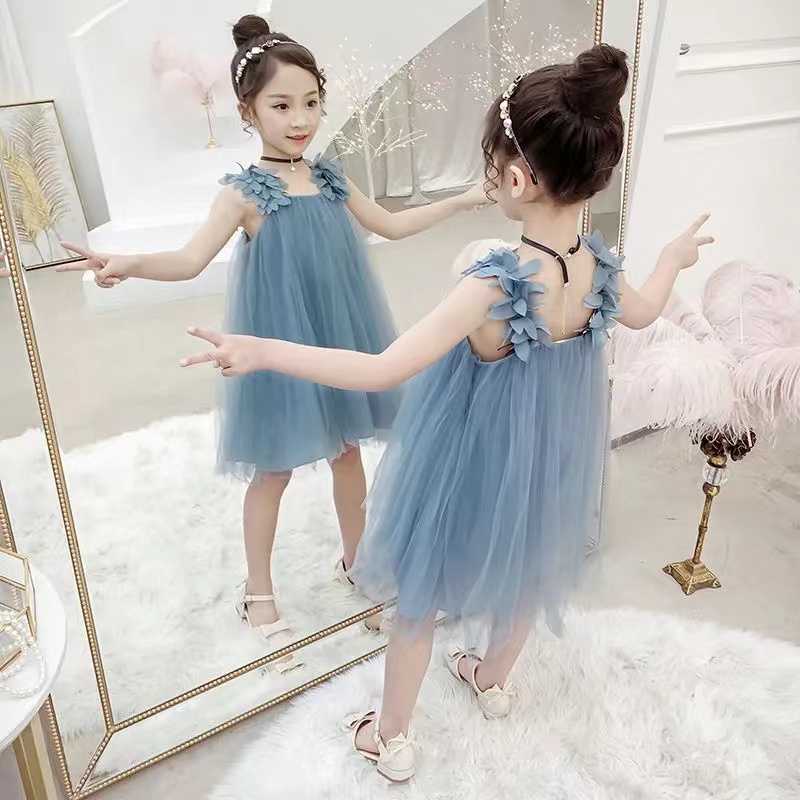 2-14Years Kids Girls Mesh Dress Dusty Blue Floral Princess Dresses ...