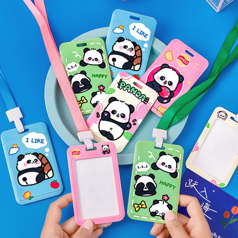 Cartoon panda slide card holder student work permit halter neck badge ...