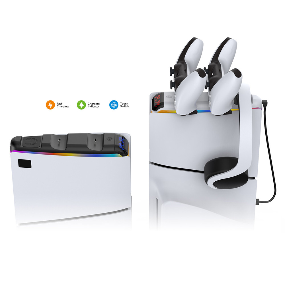 For PS5 Slim Dual Controller Charging Dock Headphone Holder RGB Dual ...