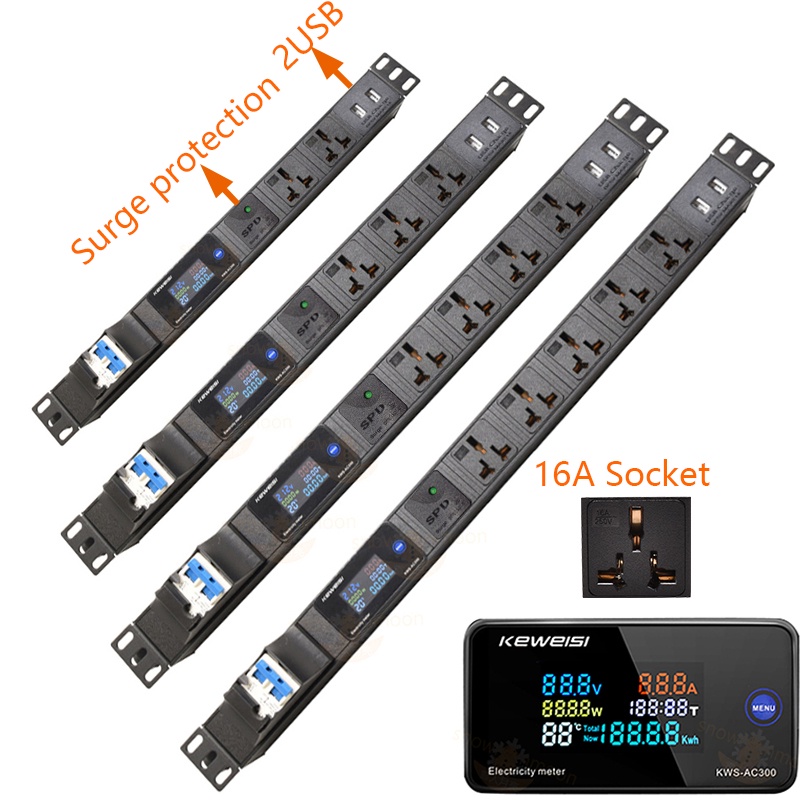 Power expansion PDU distribution unit with digital display meter, 16A hole large spacing row ...
