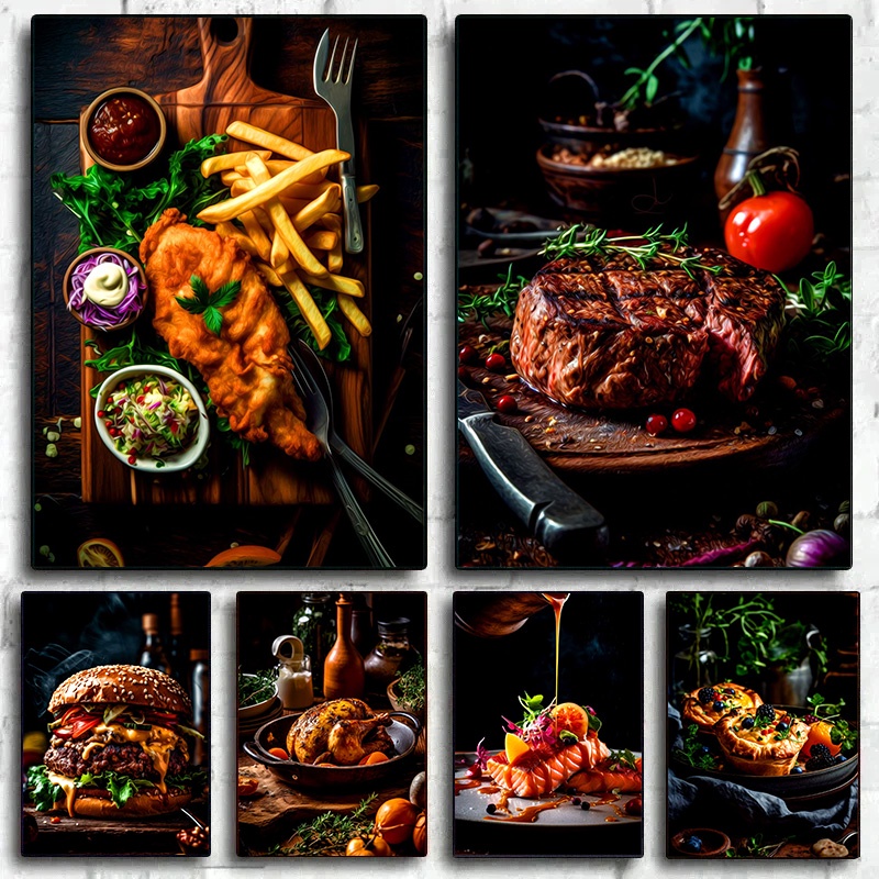 Abstract Steak Roast Chicken Salmon Food Collection Canvas Painting ...