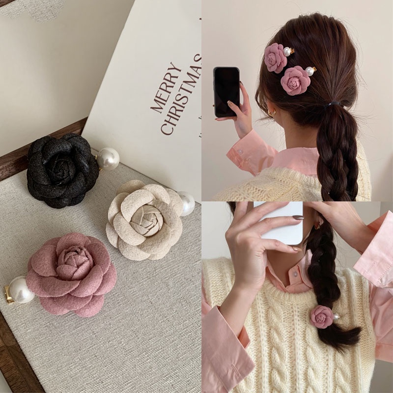 Ready Stock Elegant lady Camellia Pearl Flower Bangs Hair Clip Hairpin ...