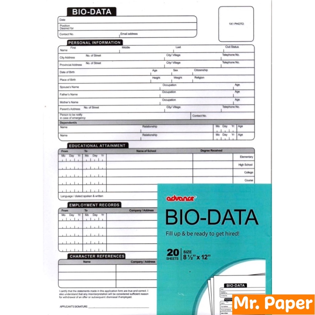 Advance Bio-Data | 20 Sheets | Mr. Paper | Shopee Philippines