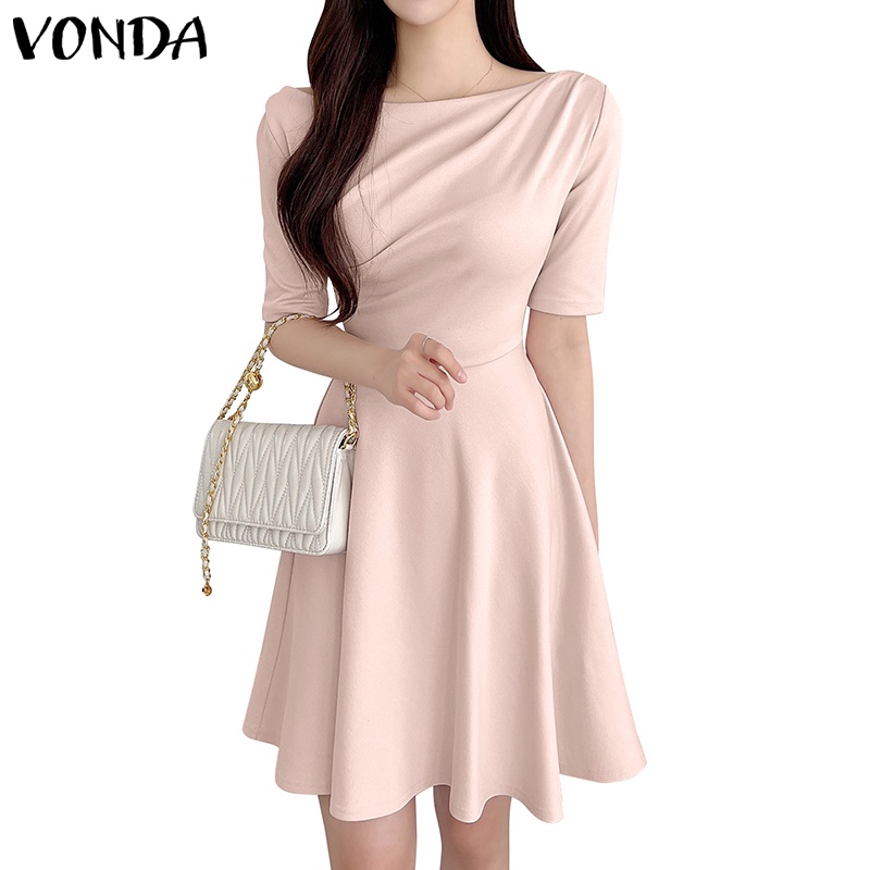 VONDA Women Korean Round Neck Short Sleeves Waist Solid Color Dresses ...