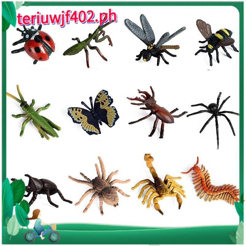 12PCS Realistic Bugs Figures Toys Bee Beetle Mantis Spider Ladybug ...