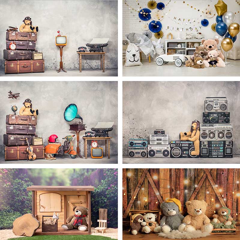 Retro Teddy Bear Backdrop For Baby Shower New Born Cake Smash Boy Girl ...