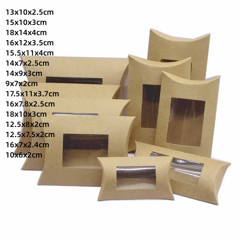 10pc kraft paper with multi size PVC window pillow box, used for packaging exquisite gifts ...