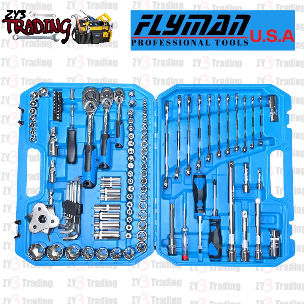FLYMAN USA Socket Wrench Set 121 Pcs. 6 Point (3 Sizes - 1/4", 3/8", 1/ ...