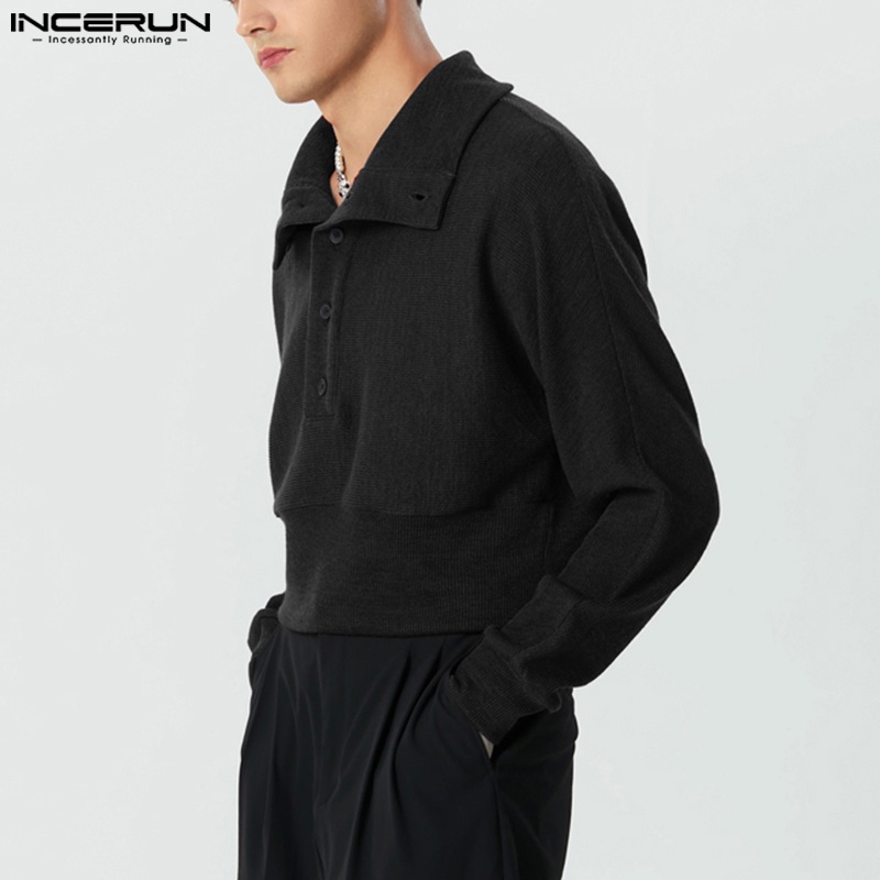INCERUN Men's Large Polo Collar Solid Knitted Pit Striped Short Sweater ...