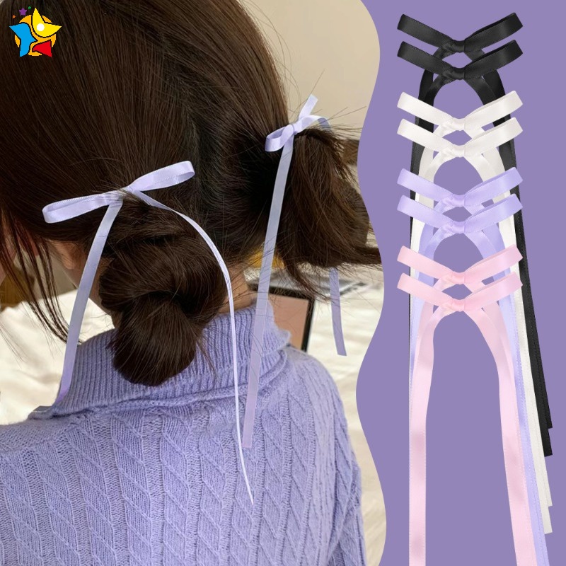 2Pcs Multi-size New Ribbon Long Bow Hair Side Clips for Women Girls ...