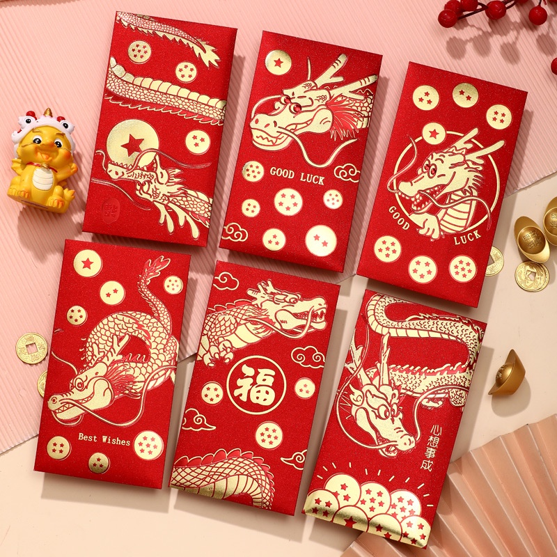6pcs 2024 CNY Year of The Dragon New Hot Stamping Cartoon Red Envelope ...