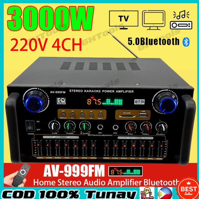 AV-999FM 220V 3000W Home Stereo Audio Amplifier Bluetooth 4CH EQ Wireless With Mixer Equalizer ...