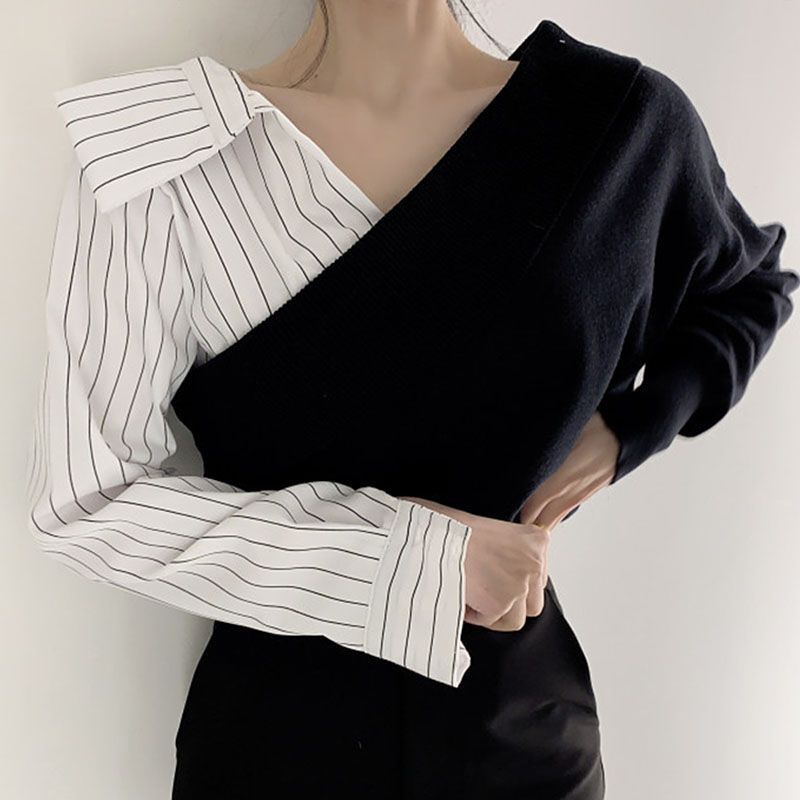 Special-Interest Design Striped False Two Pieces Shirt Women's Autumn ...