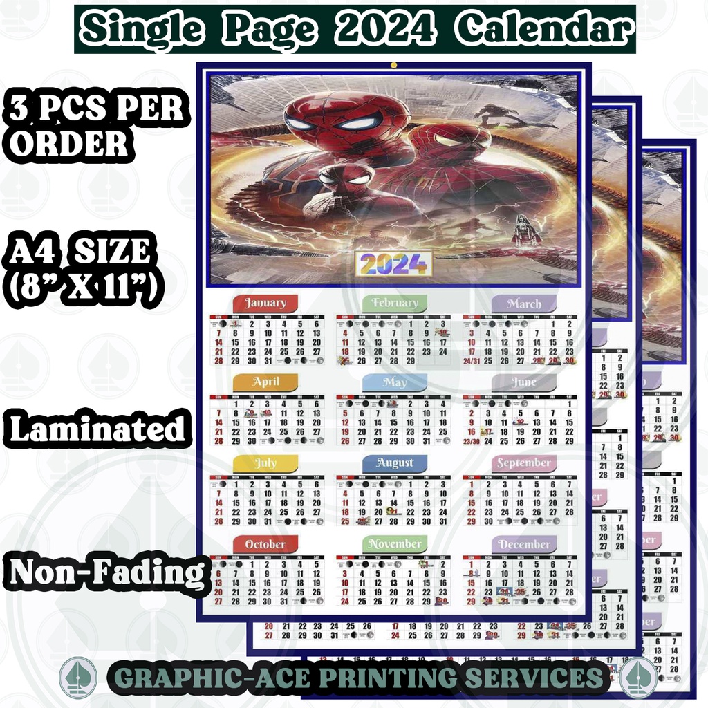 3 For 100 Deal - A4 Size 2024 SPIDER One Page Calendar Laminated 2024 ...