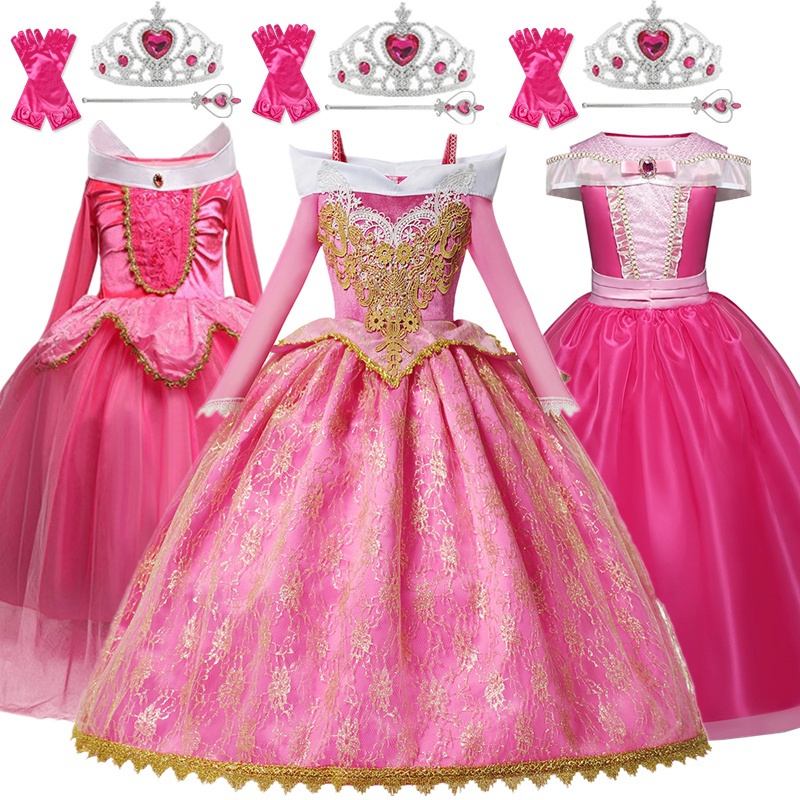 Girls Sleeping Beauty Aurora Princess Dress Long Sleeves Lace Robe Kids ...