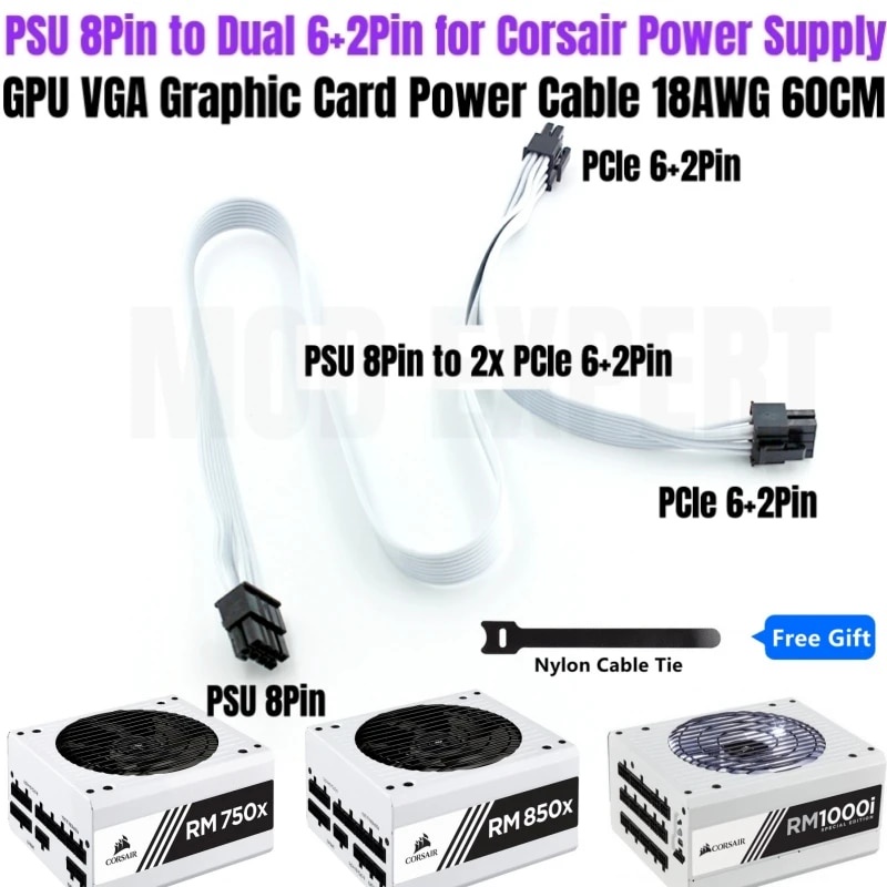 CORSAIR White GPU Power Cable PSU 8Pin to PCIe Dual 8Pin 6+2Pin for ...