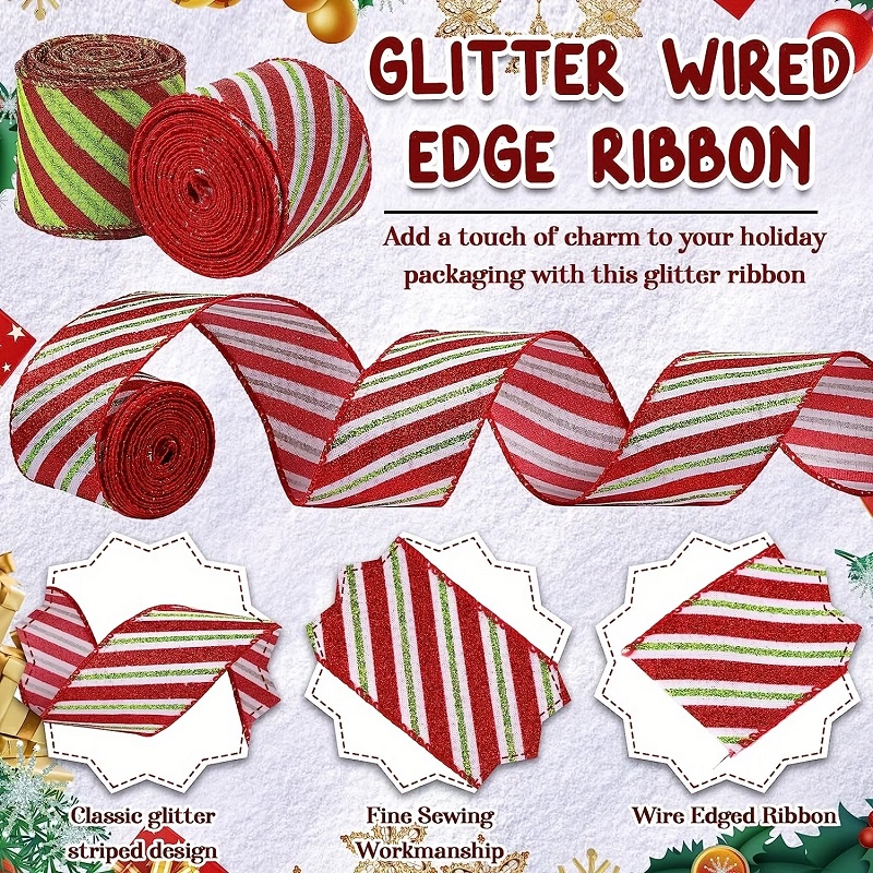 Wired Christmas Holiday Ribbon - Green with Red$white with red Glitter ...