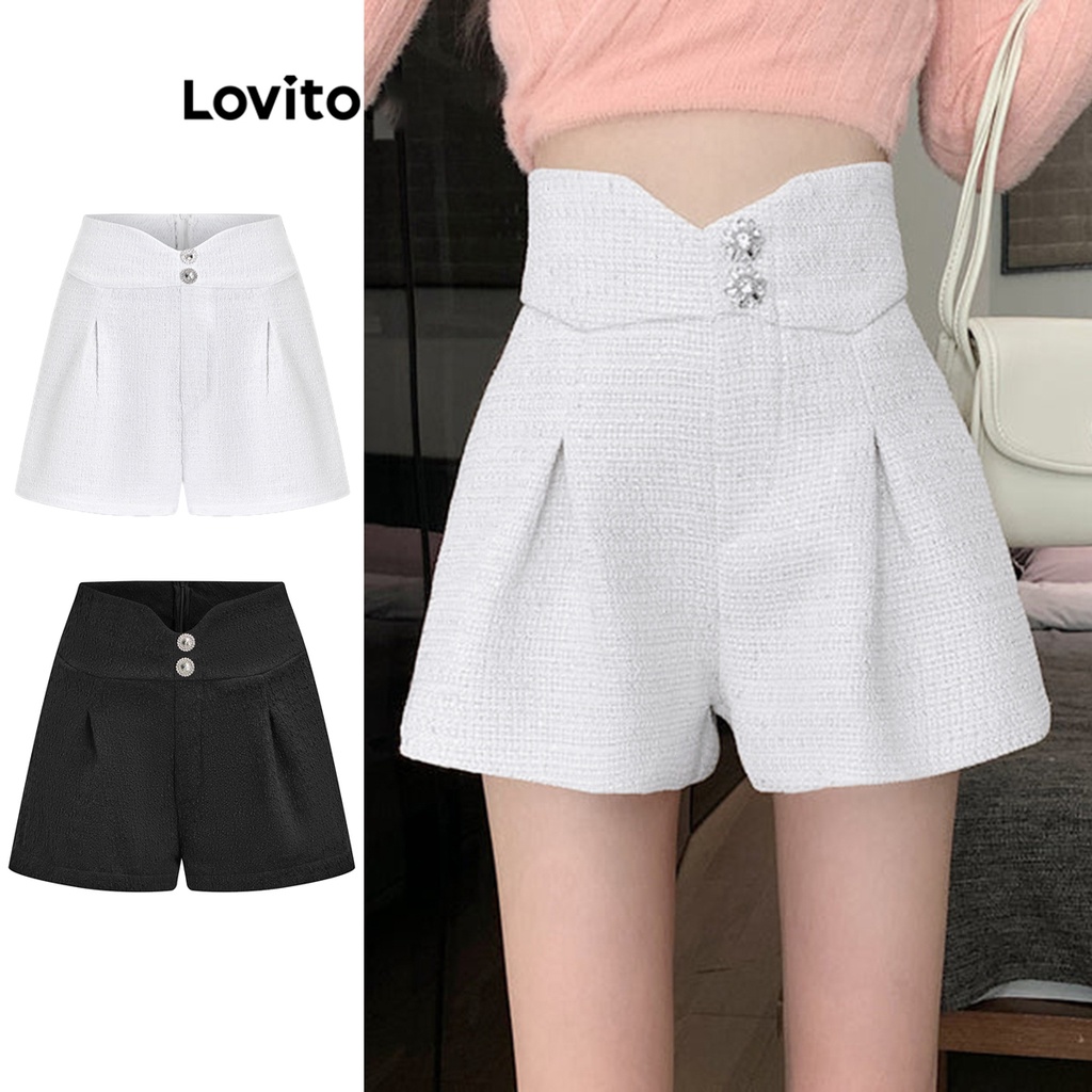 Lovito Women Elegant Plain Button Asymmetrical Shorts L71ED091 (White ...