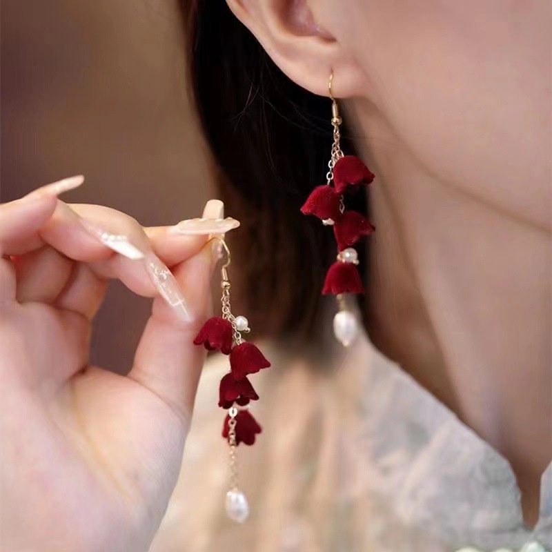New Retro Burgundy Wind Chime Flower Earrings Girls Autumn Winter ...