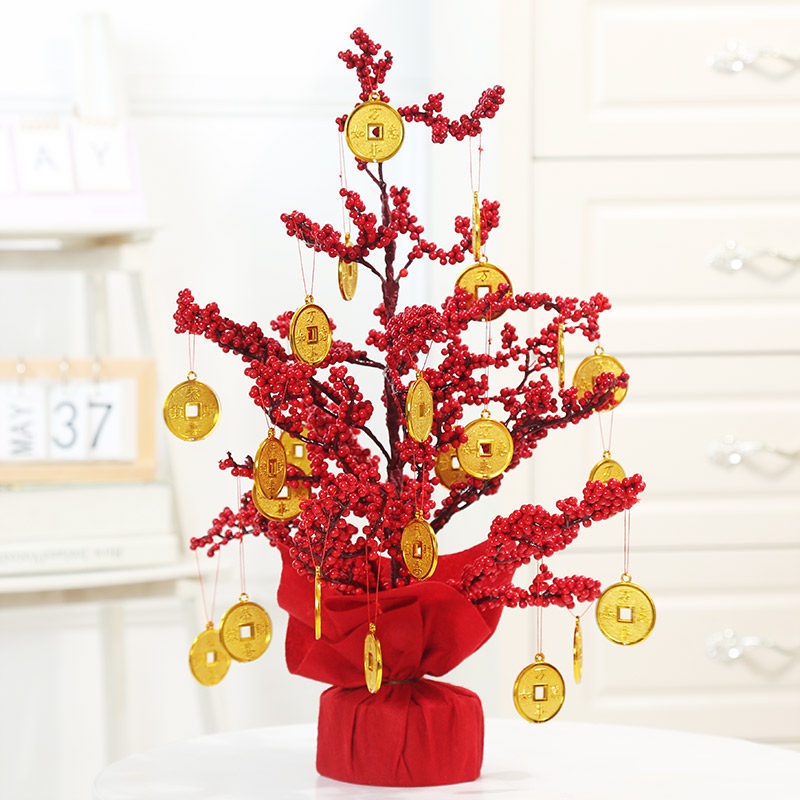 CNY New Year Decorations Red Berries Tree, 50cm Small Table Top ...