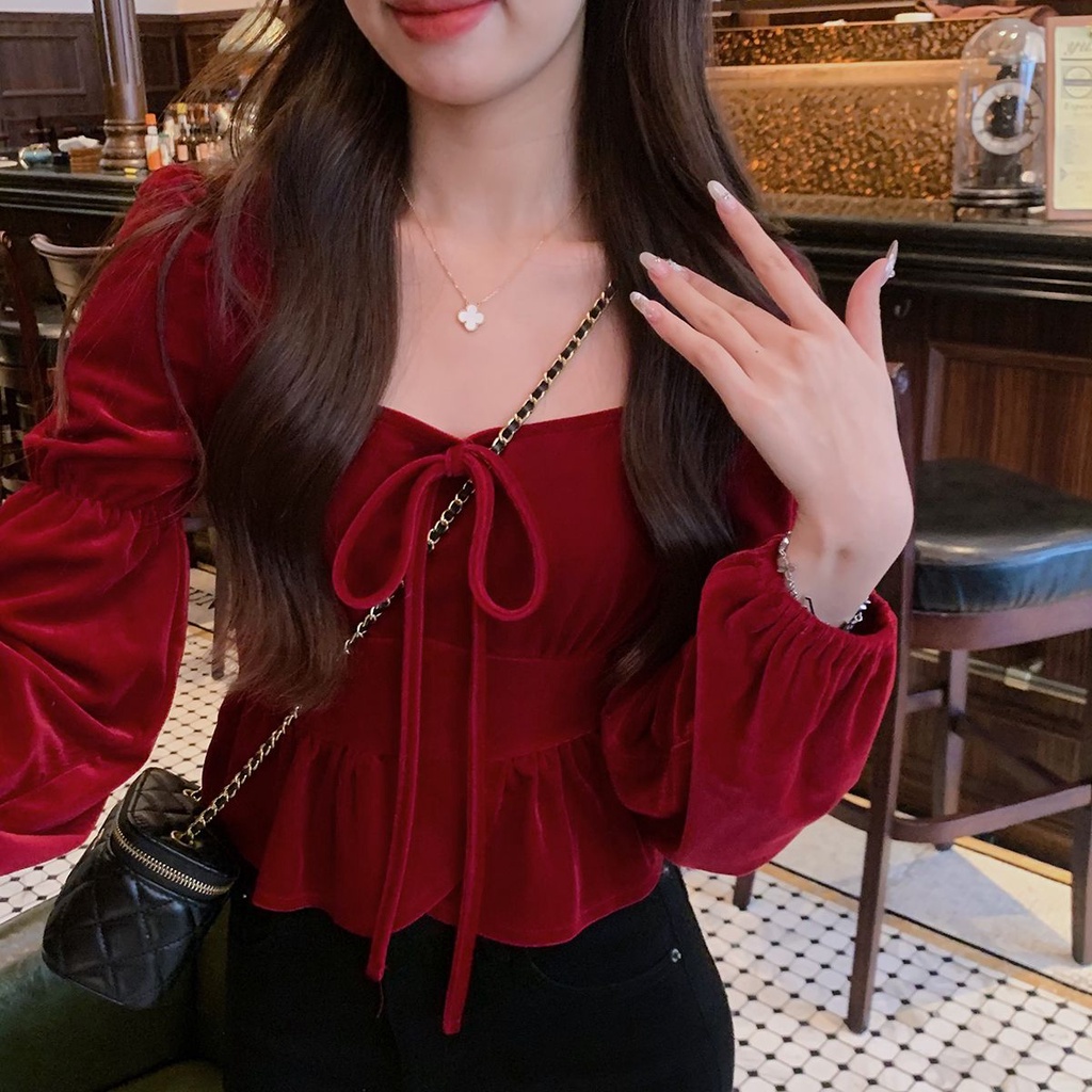 [Ready Stock] New Year Red Velvet Top Autumn New Style French ...