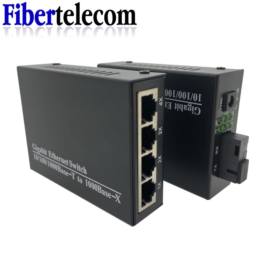 1G4E Gigabit Fiber switch 4 RJ45 1 SC port Fiber Optic 20KM Media Converter Single-Mode Ethernet ...