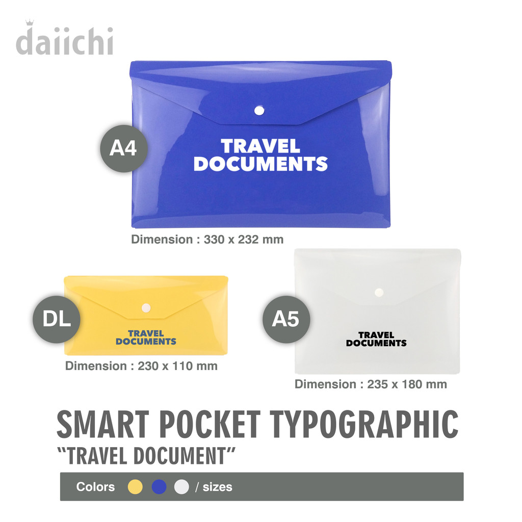 Daiichi – “TRAVEL DOCUMENTS” Smart Pocket Typhographic Plastic Folder ...