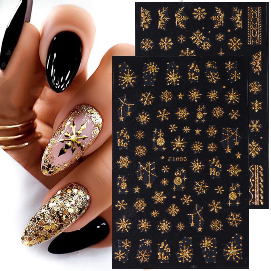 Reflective Glitter Snowflake 3D Nail Sticker Gold Snowflake Winter ...