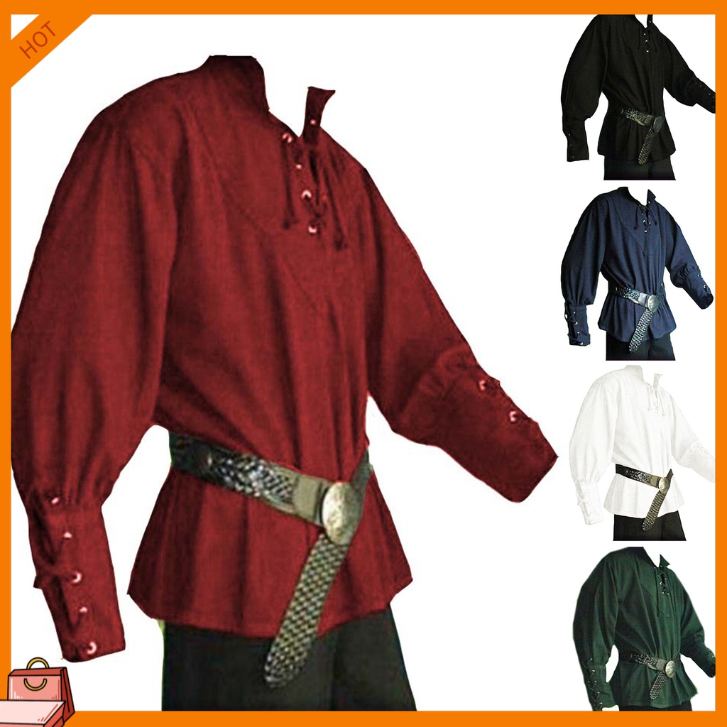 [WSG] Stand Collar Long Sleeve Men Shirt Bandage Solid Color Halloween ...