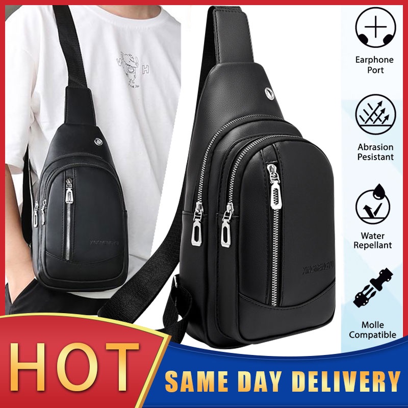 Men's leather double-layer zipper sports chest bag, headphone hole ...