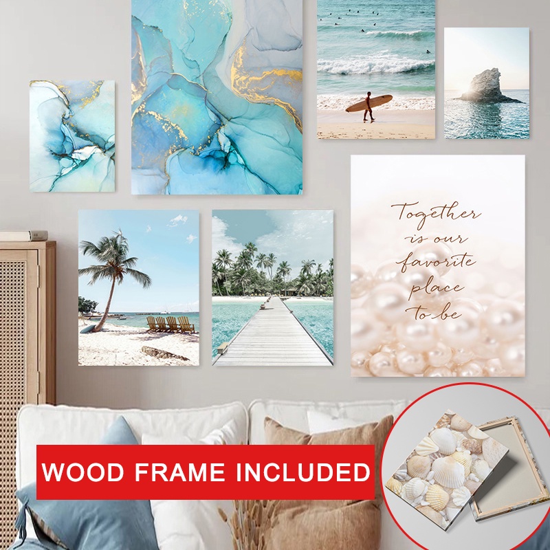 (With Frame) Canvas Painting Poster, Sea Shell Shape, Blue Sea, Pearl ...