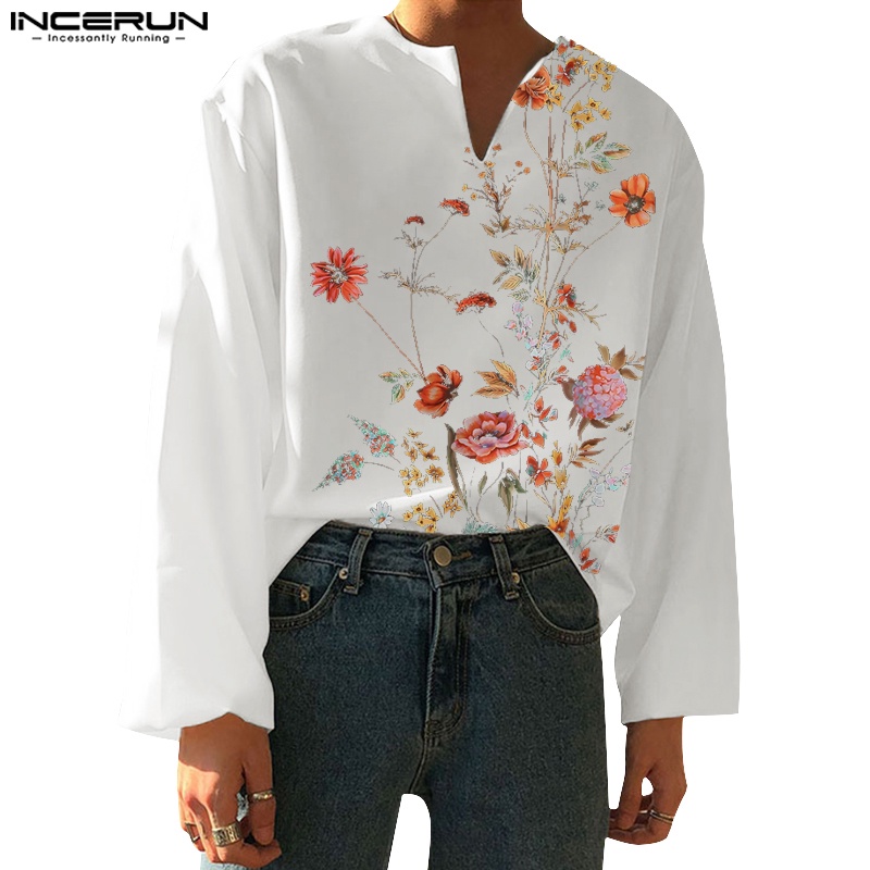 INCERUN Men Korean Fashion Floral V-Neck Loose Long Sleeve Shirts ...