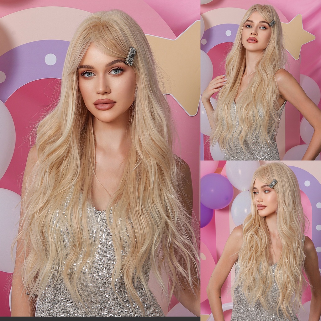 Women's wig, bangs, long curls, off white highlight dyed full head set ...