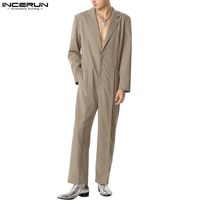 INCERUN Men Vintage V-Neck Collar Solid Color Long Sleeve Jumpsuits ...