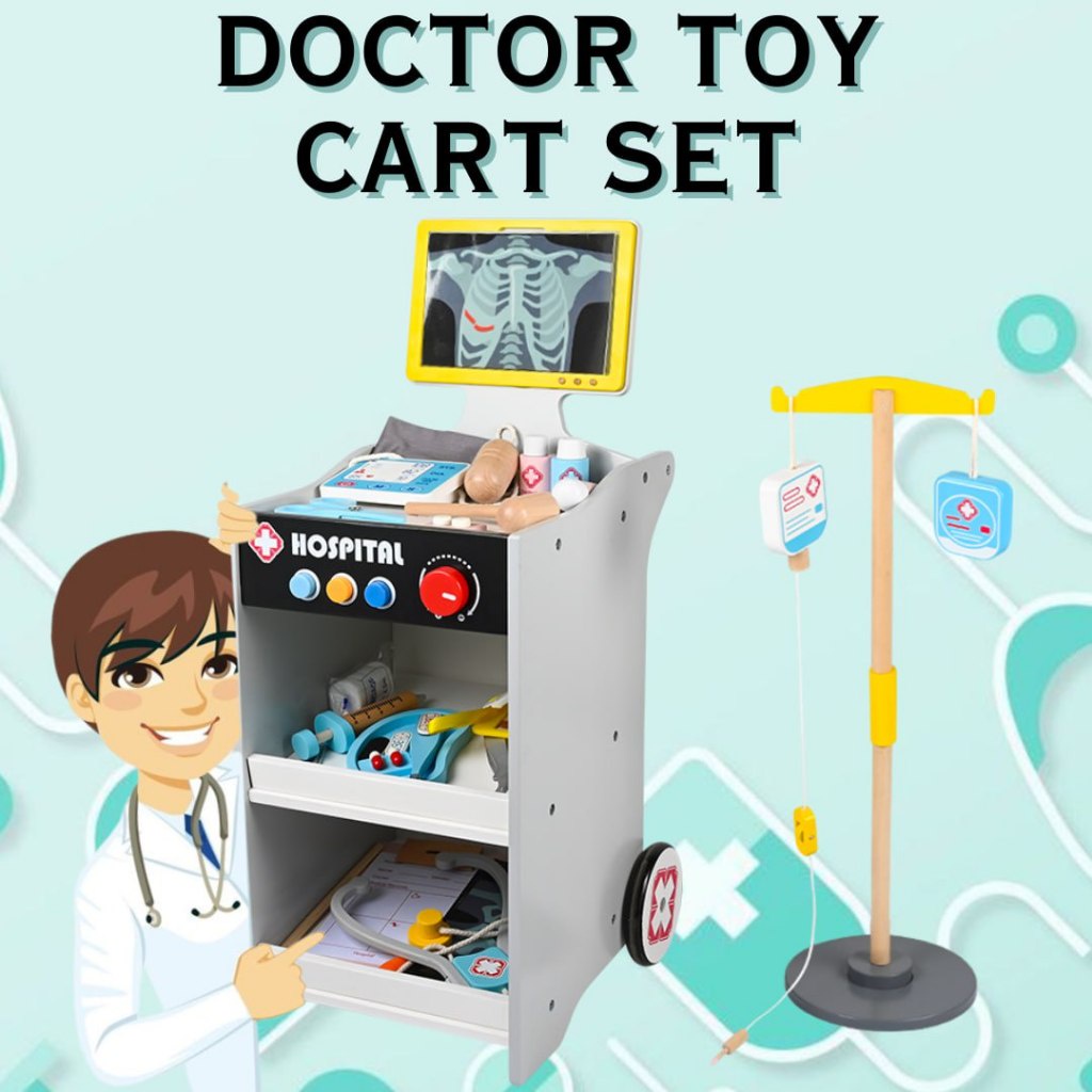 BYJ Wooden Doctor Trolley Hospital Toy Car Set Pretend Play Set ...