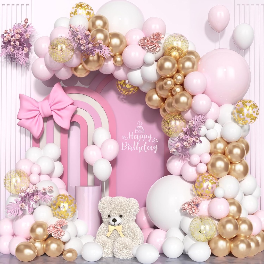 Pastel Pink White Balloon Garland Arch Kit, Gold Confetti Balloons for ...