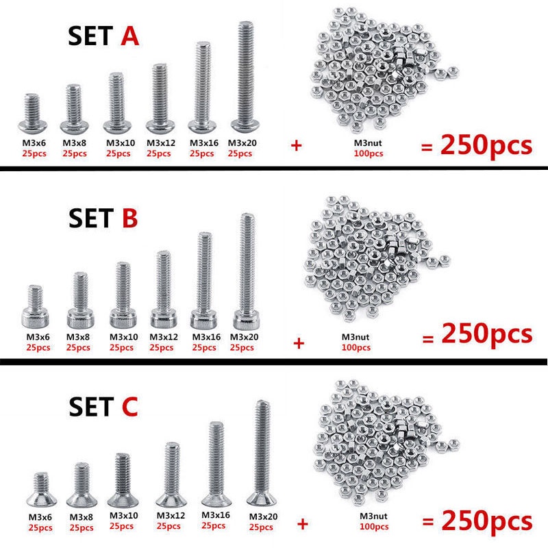 250pcs M3(3mm) A2 Stainless Steel Bolts With Hex Nuts Screws Assortment ...
