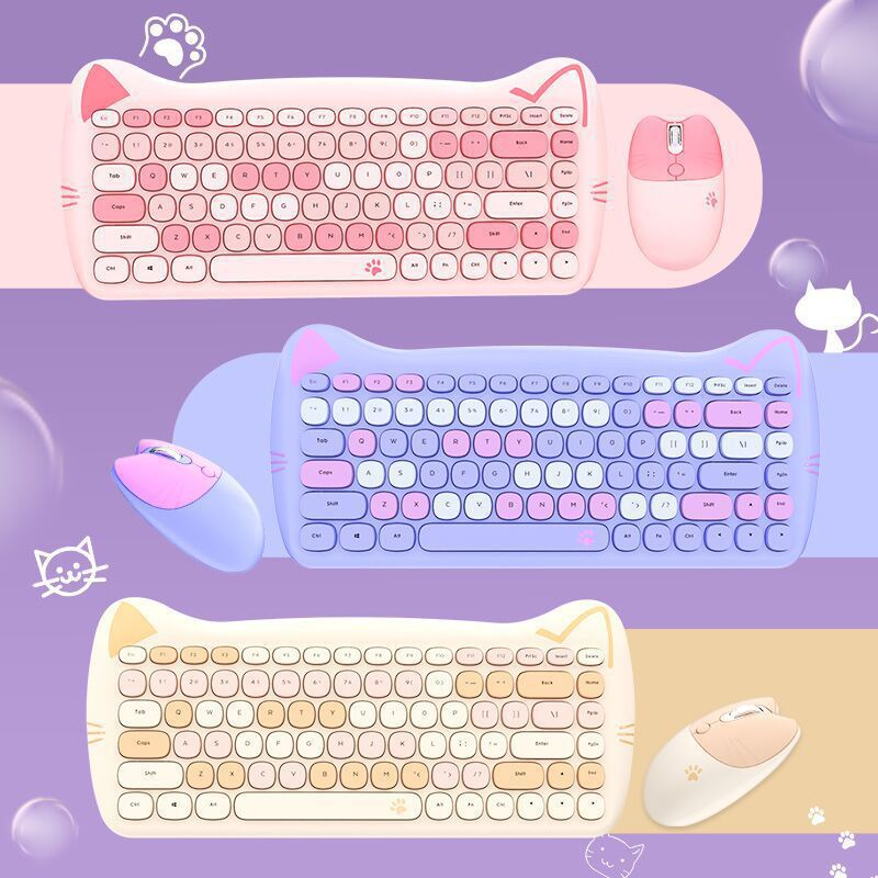 84 Keys Cat Ear 2.4GHz Wireless Keyboard Mouse Set Cute Pink Kitty ...